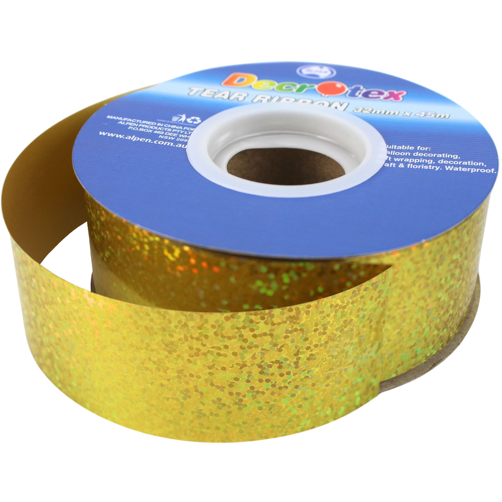 Gold Holographic Tear Ribbon Roll (32mm x 45m) - Costumes.com.au