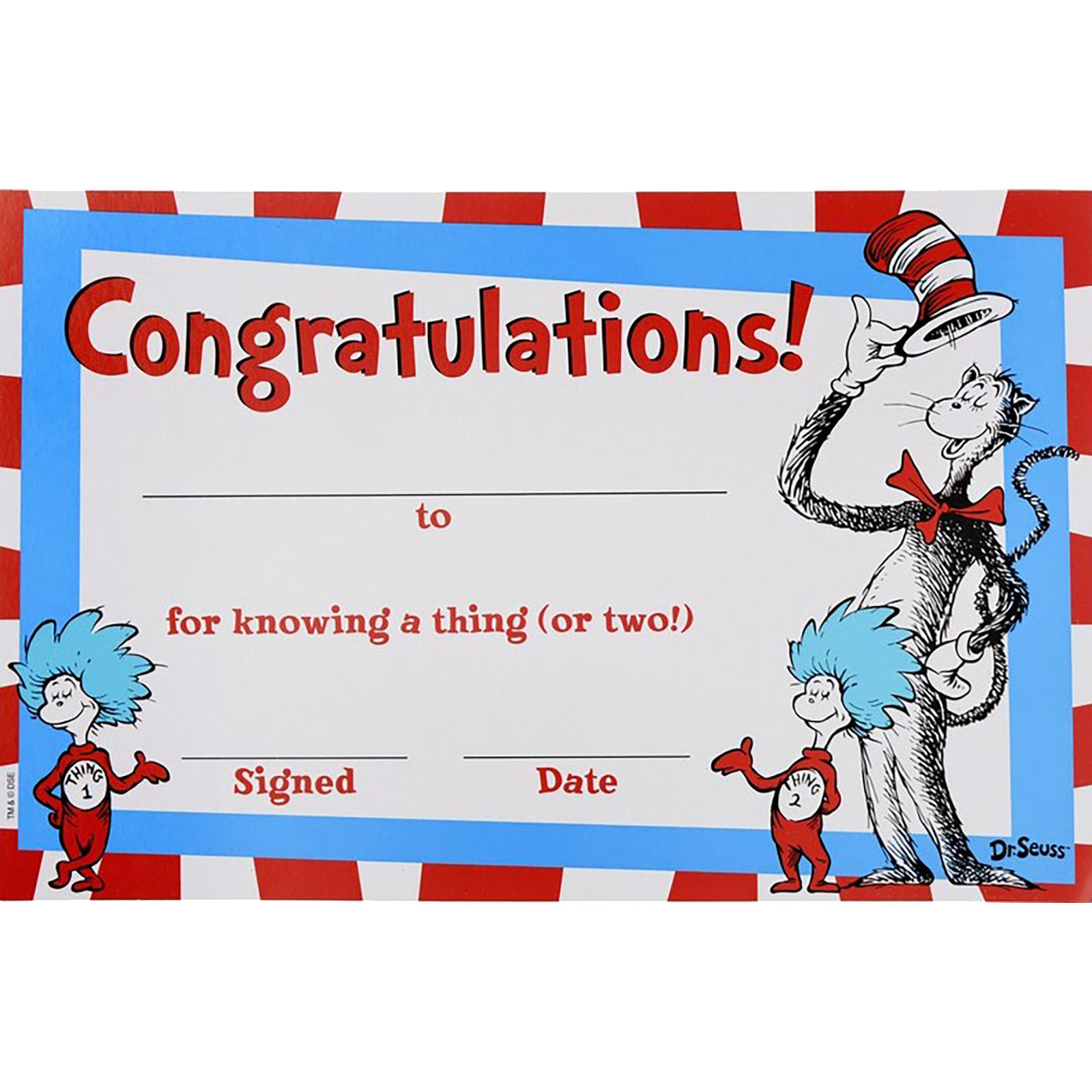 Dr. Seuss The Cat in the Hat Congratulations Certificates Pack of 36 ...
